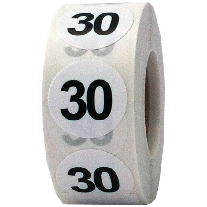 White Number 30 Stickers 3/4" | InStockLabels.com