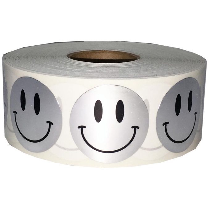 Metallic Silver Smiley Face Stickers 1" | InStockLabels.com