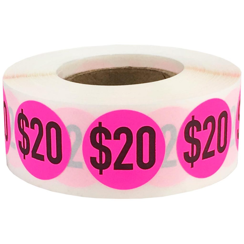$20 Price Stickers Fluorescent Pink 3/4" Inch Round | InStockLabels.com