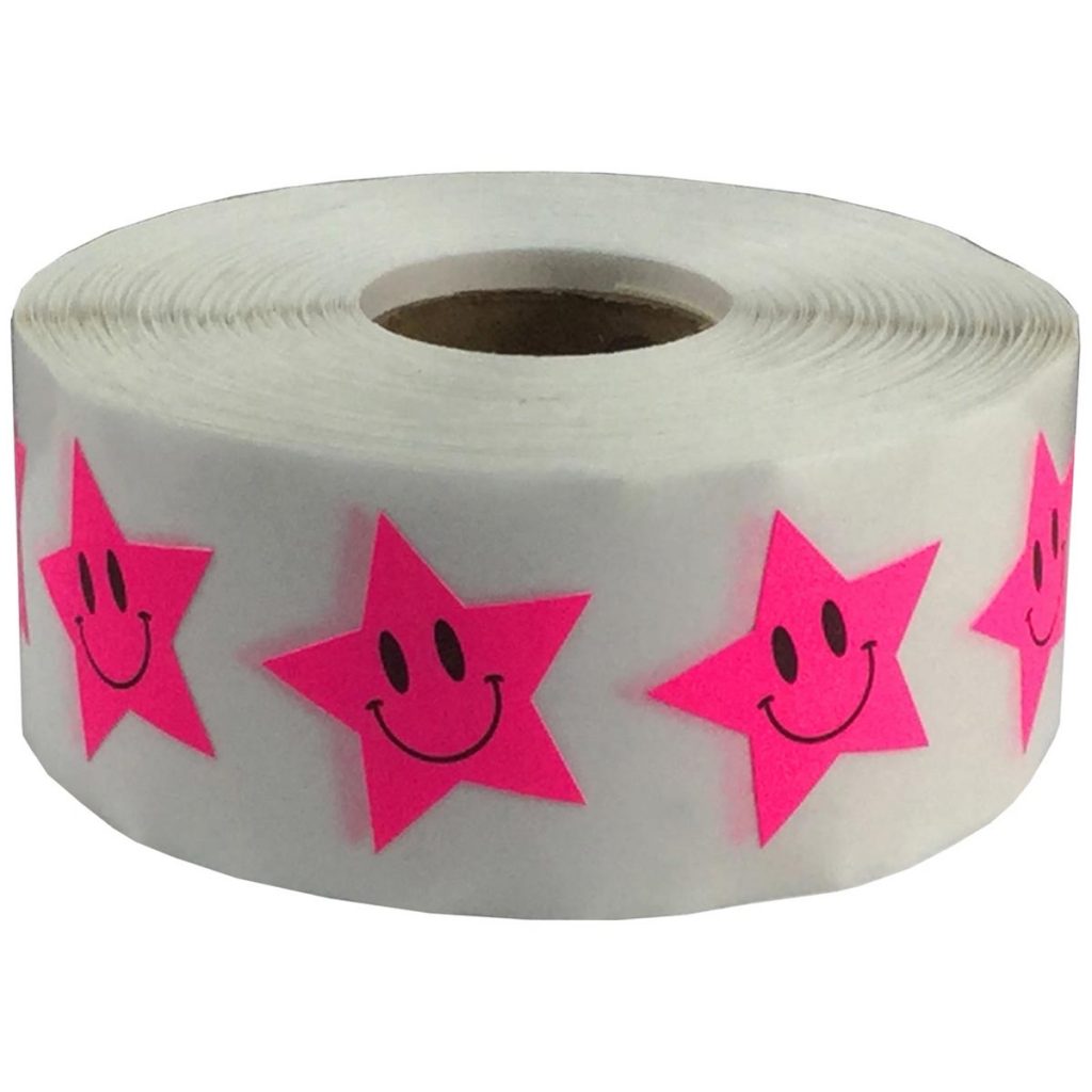 Fluorescent Pink Smiley Star Stickers 1" Inch | InstockLabels.com