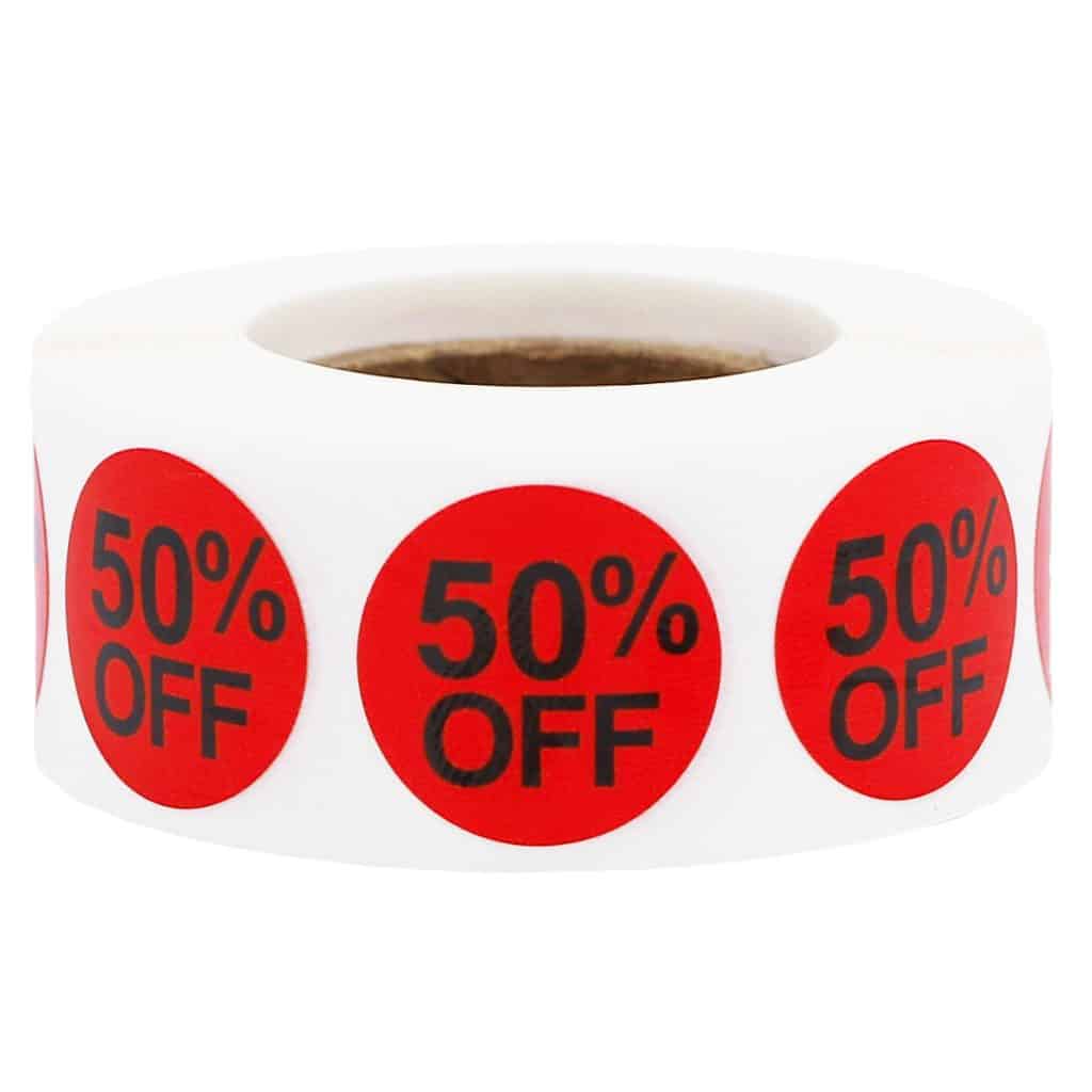 Red 50 Percent Off Labels 3/4" | InStockLabels.com