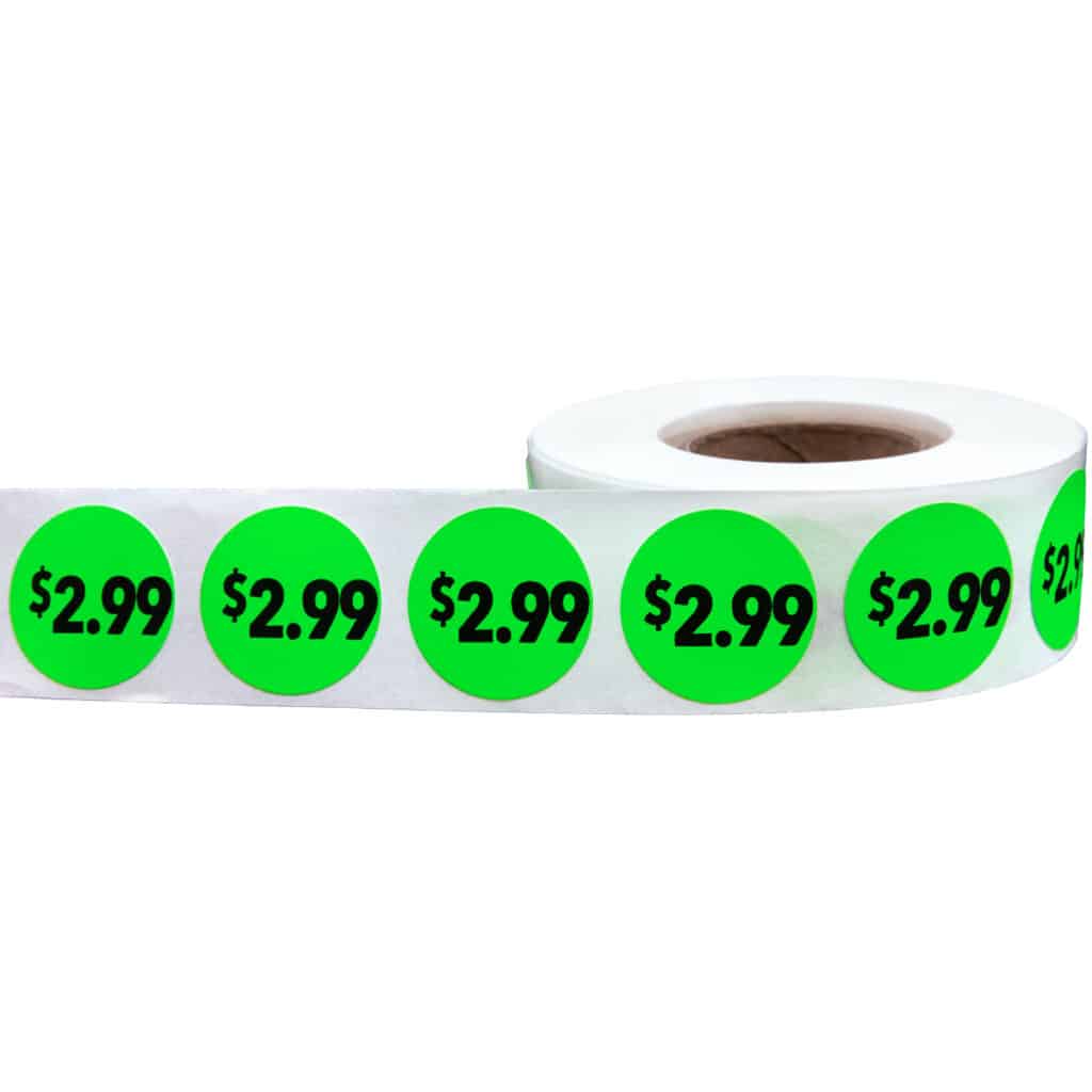 $2.99 Price Stickers Fluorescent Green 3/4" Round | InStockLabels.com