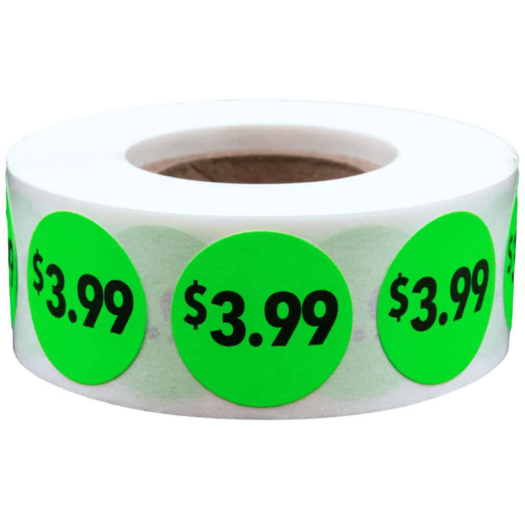 $3.99 Price Stickers Fluorescent Green 3/4" Round | InStockLabels.com