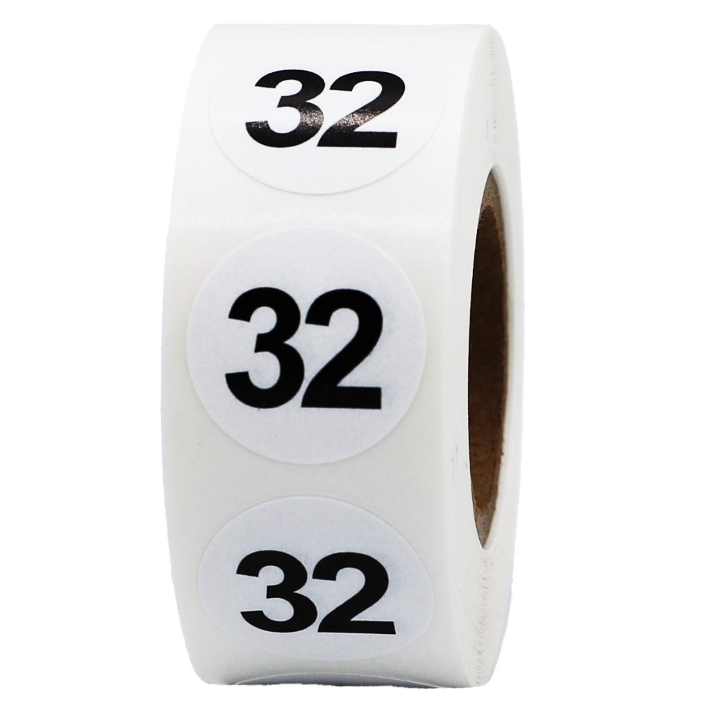 White Number 32 Stickers 3/4" | InStockLabels.com