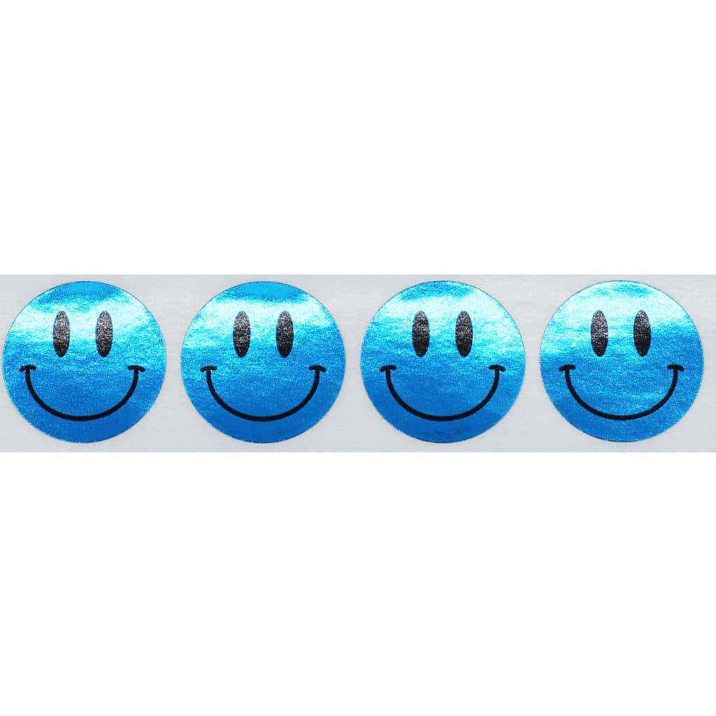 Metallic Blue Smiley Face Stickers 1" | InStockLabels.com