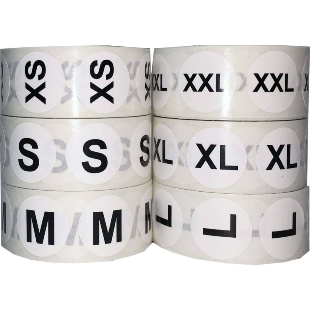 White Round Size Stickers for Retail Shirts XS-XXL | InStockLabels.com