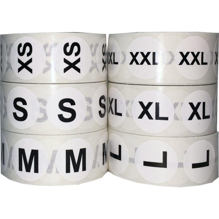 White Round Size Stickers for Retail Shirts XS-XXL | InStockLabels.com
