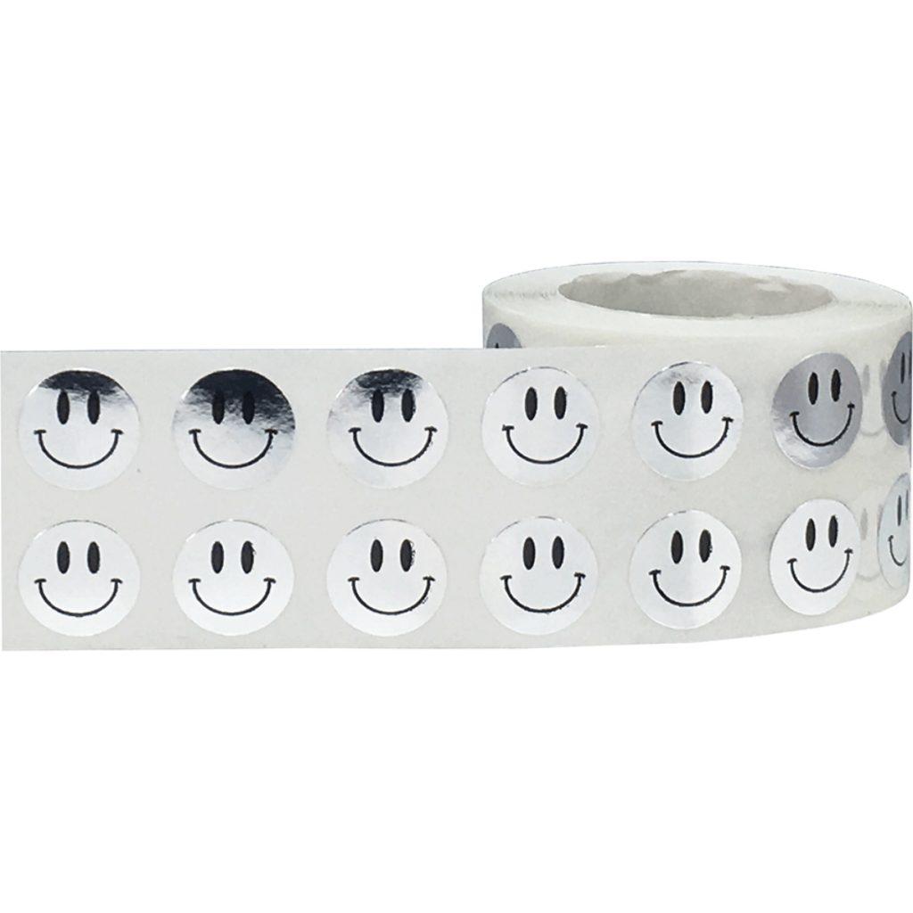 Small Metallic Silver Smiley Face Stickers 1/2" | InStockLabels.com