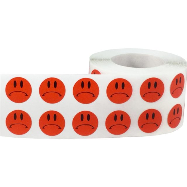 Red Sad Frowny Face 1/2" Round Sticker - InStock Labels