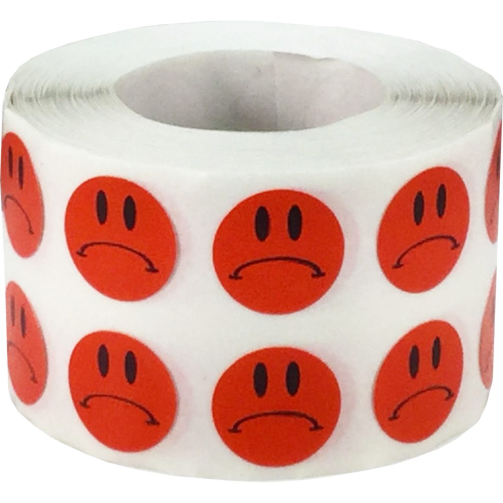 Red Sad Frowny Face 1/2" Round Sticker - InStock Labels