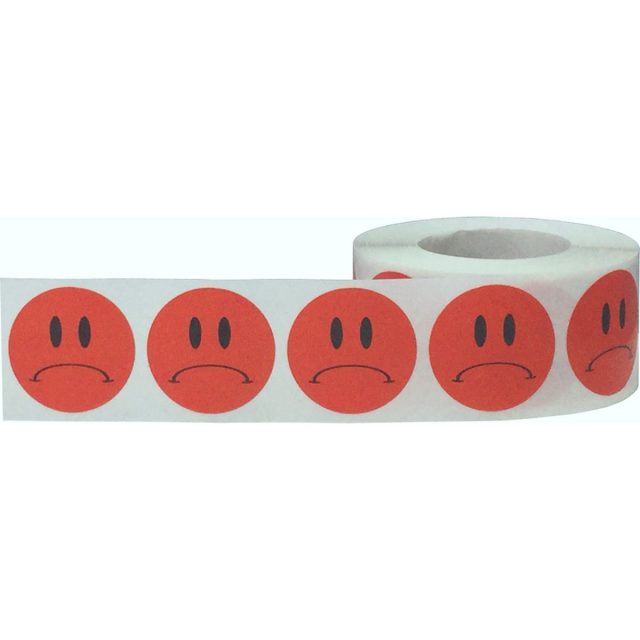 Red Sad Frowny Face Stickers 1" Round | InStockLabels.com