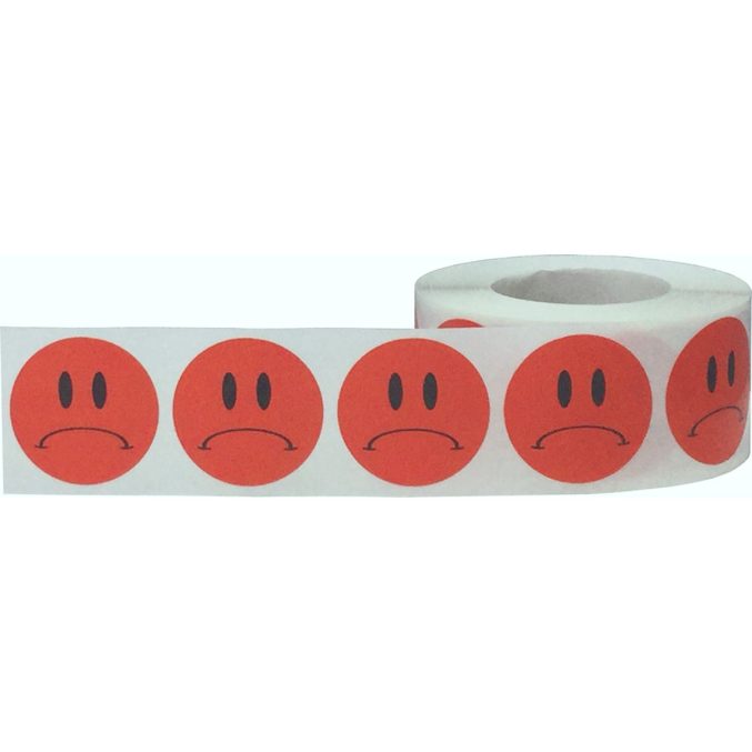 Red Sad Frowny Face Stickers 1" Round | InStockLabels.com