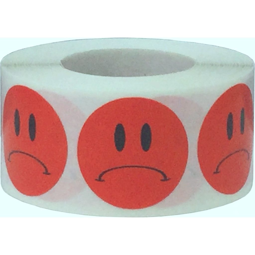 Red Sad Frowny Face Stickers 1" Round | InStockLabels.com