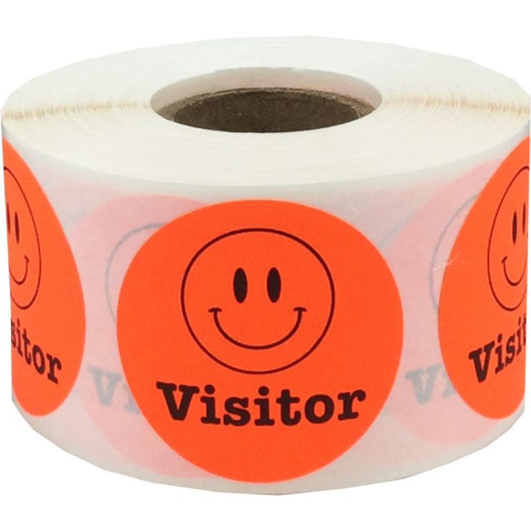 Smiley Face Visitor Stickers in Fluorescent Red | InStockLabels.com