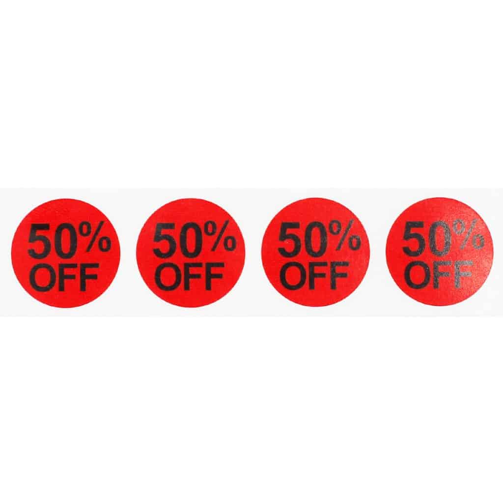 Red 50 Percent Off Labels 3/4" | InStockLabels.com