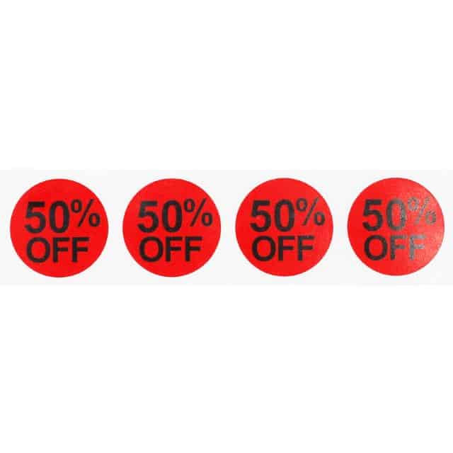 Red 50 Percent Off Labels 3/4" | InStockLabels.com