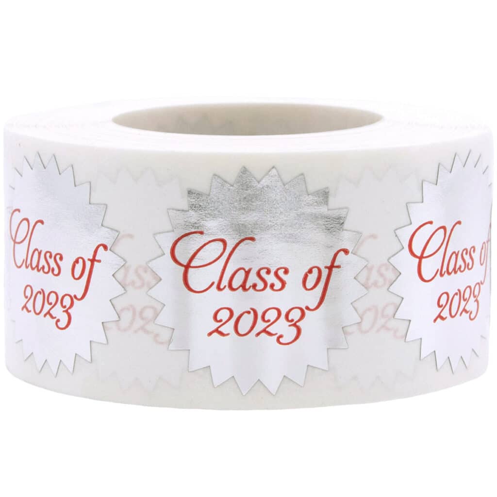 Class of 2023 Labels | 1.5" Silver Red Font - InStockLabels.com
