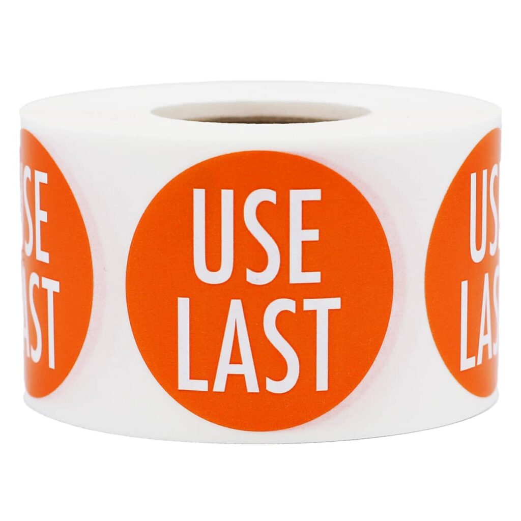 Inventory Labels that Say USE LAST | Orange 1.5" | InStockLabels.com