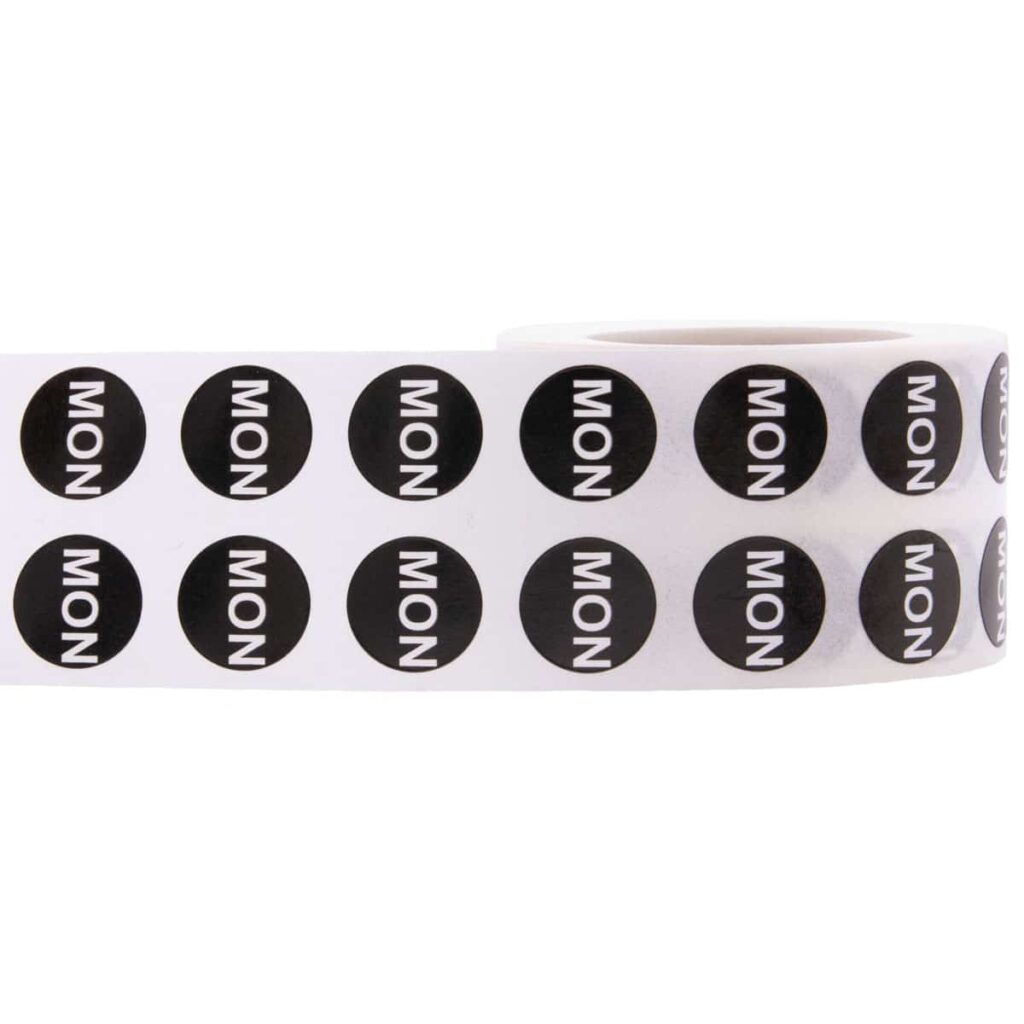 Small Monday Colored Day Stickers 1/2" Round | InStockLabels.com