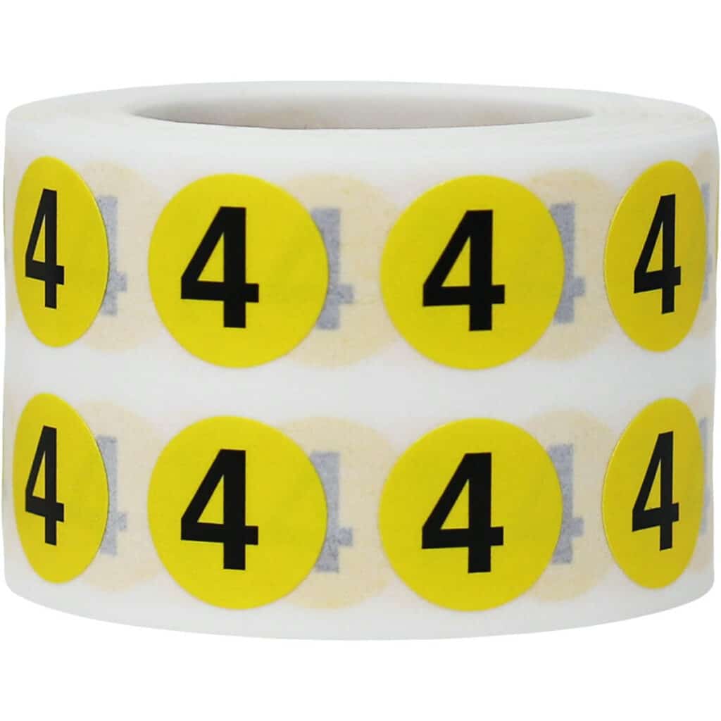 Number 4 Labels | Yellow and Black Small 1/2″ Round | InStockLabels.com