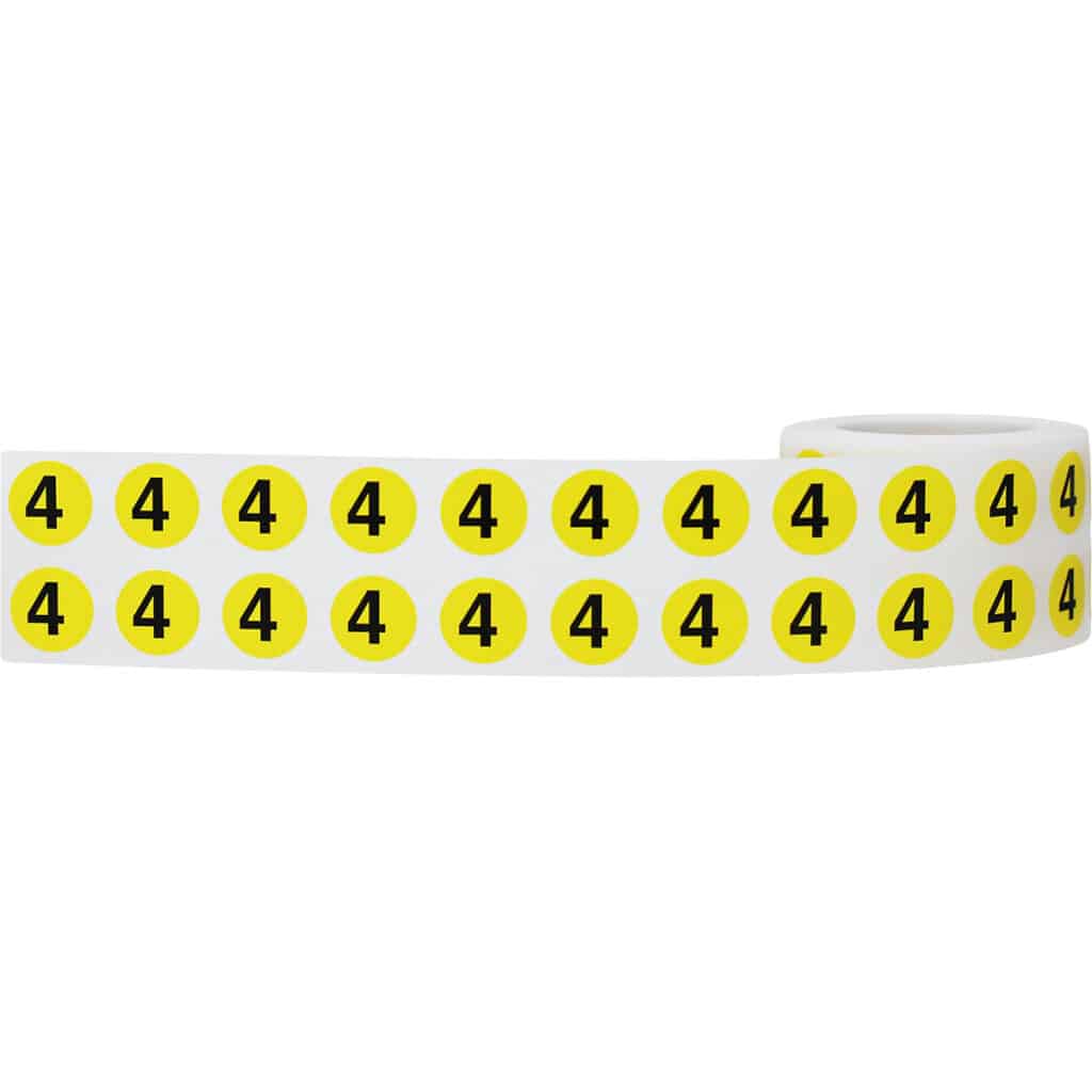 Number 4 Labels | Yellow and Black Small 1/2″ Round | InStockLabels.com