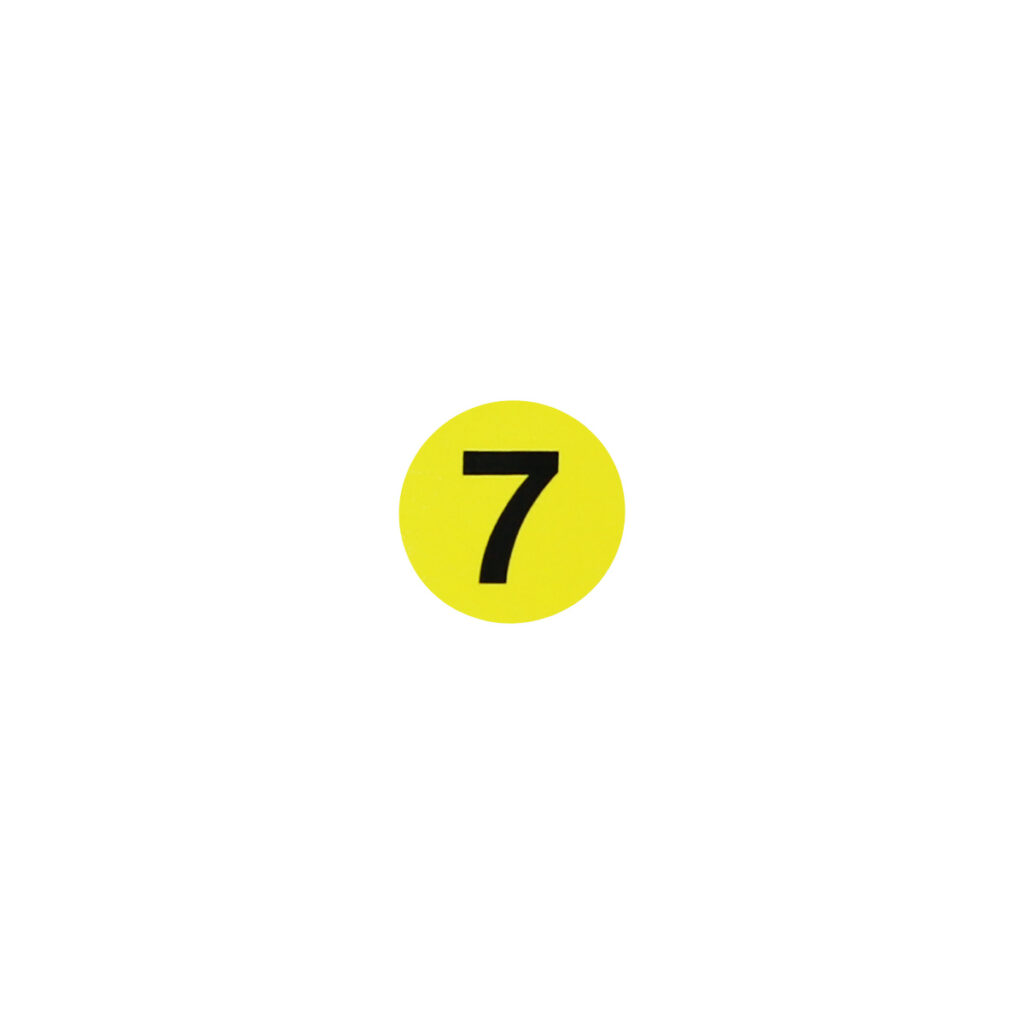 Number 7 Labels | Yellow and Black Small 1/2″ Round | InStockLabels.com