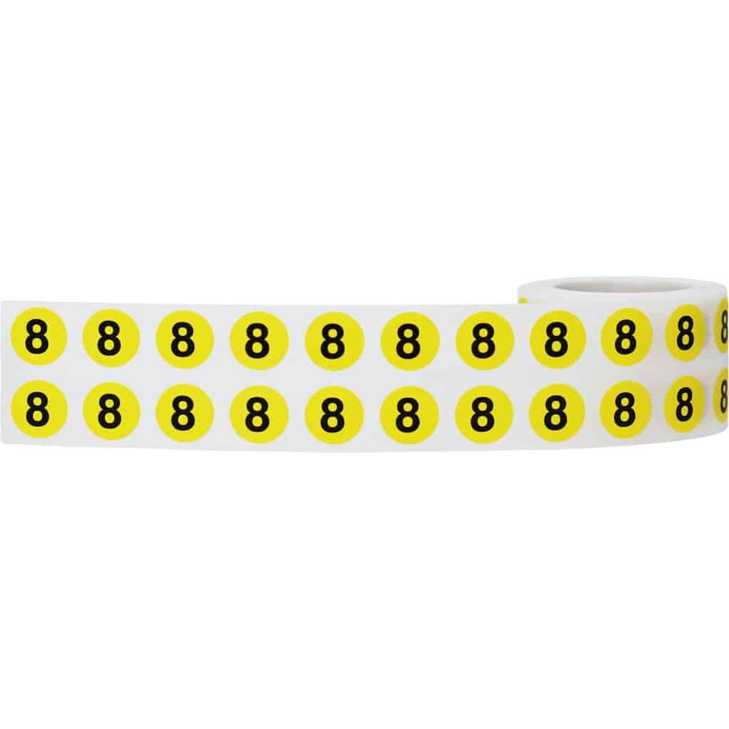 Number 8 Labels | Yellow and Black Small 1/2″ Round | InStockLabels.com