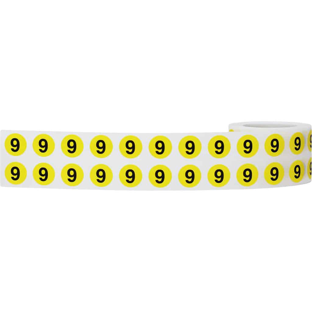 Number 9 Labels | Yellow and Black Small 1/2″ Round | InStockLabels.com
