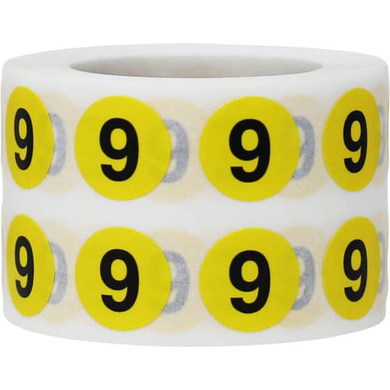 Number 9 Labels | Yellow and Black Small 1/2″ Round | InStockLabels.com