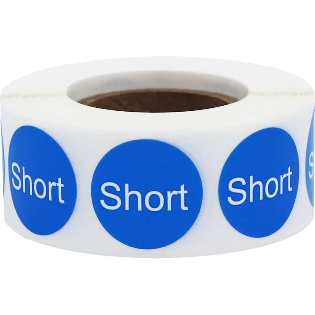 Round Retail Clothing Size Labels that say "Short" - InStockLabels.com