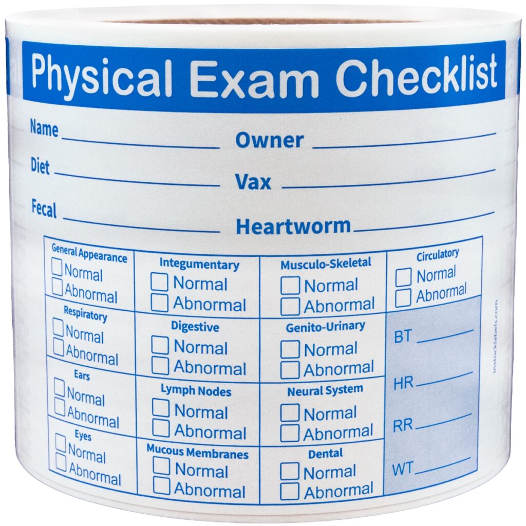 Pet Physical Exam Checklist Veterinarian Labels - InStockLabels.com