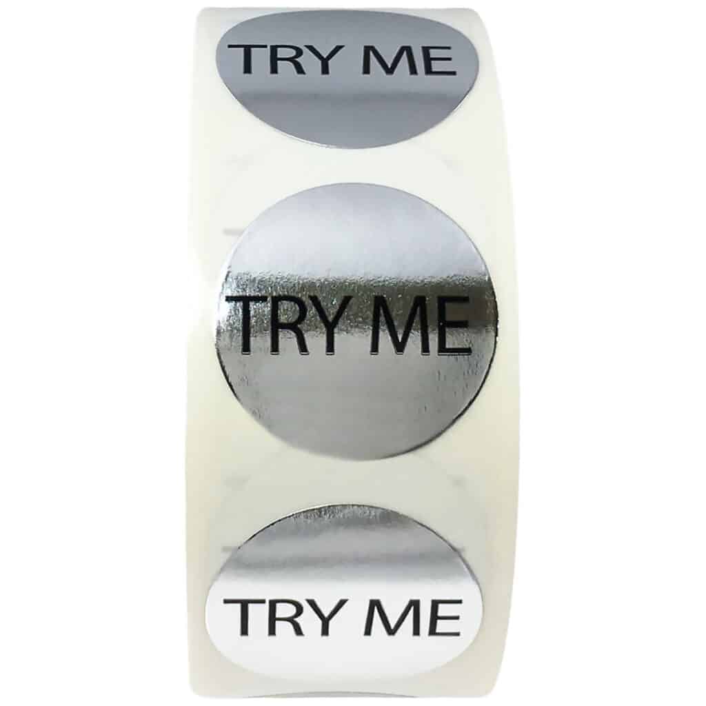 Silver Foil Try Me Stickers 3/4" Round | InStockLabels.com