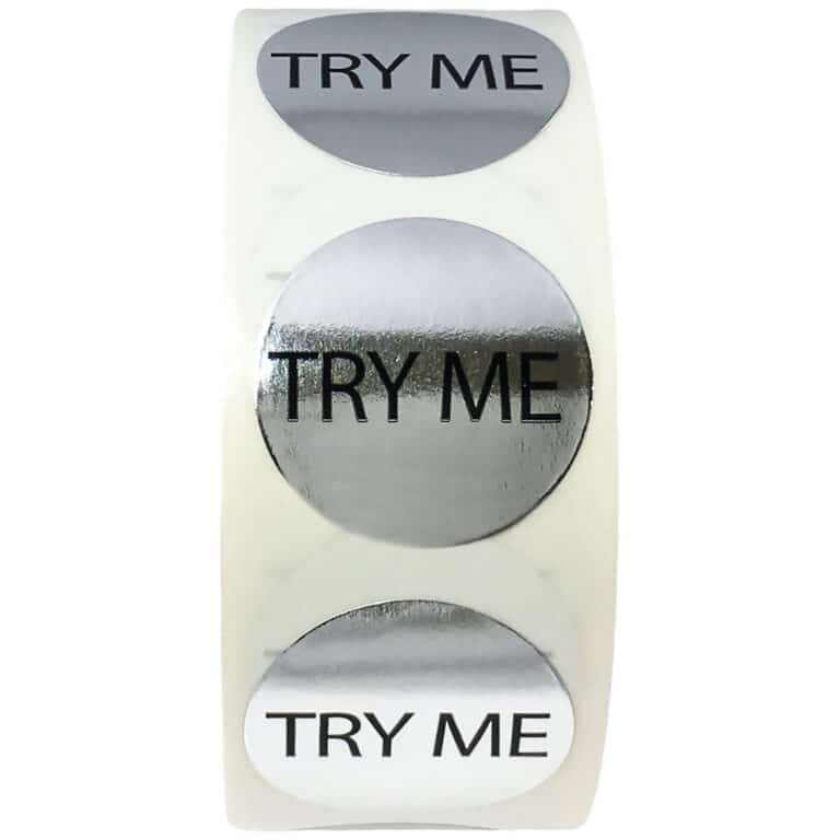 Silver Foil Try Me Stickers 3/4" Round | InStockLabels.com