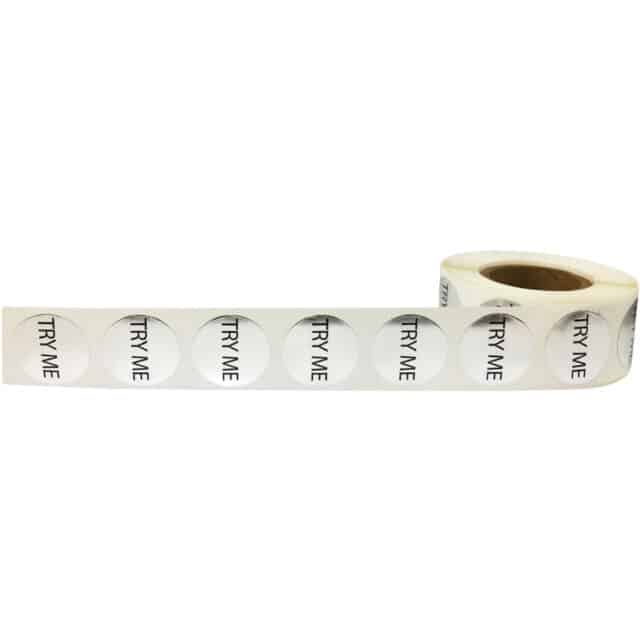 Silver Foil Try Me Stickers 3/4" Round | InStockLabels.com