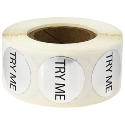 Silver Foil Try Me Stickers 3/4" Round | InStockLabels.com