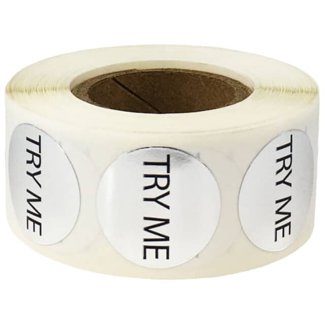 Silver Foil Try Me Stickers 3/4" Round | InStockLabels.com