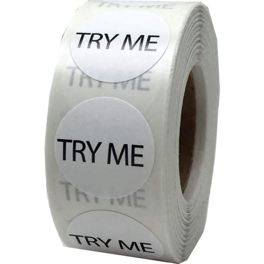 White Try Me Stickers 3/4" Round | InStockLabels.com