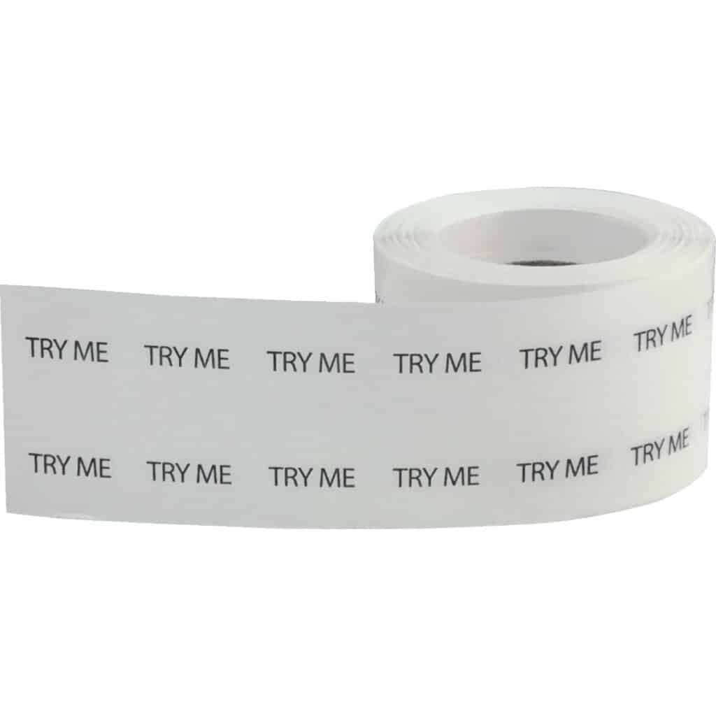 Small Clear Try Me Stickers 1/2" Round | InStockLabels.com
