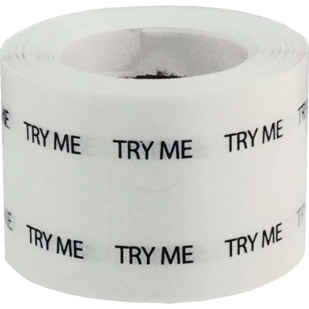 Small Clear Try Me Stickers 1/2" Round | InStockLabels.com