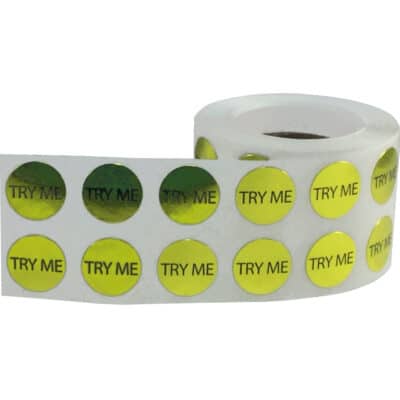 Small Gold Foil Try Me Stickers 1/2" Round | InStockLabels.com