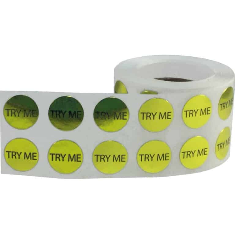 Small Gold Foil Try Me Stickers 1/2" Round | InStockLabels.com