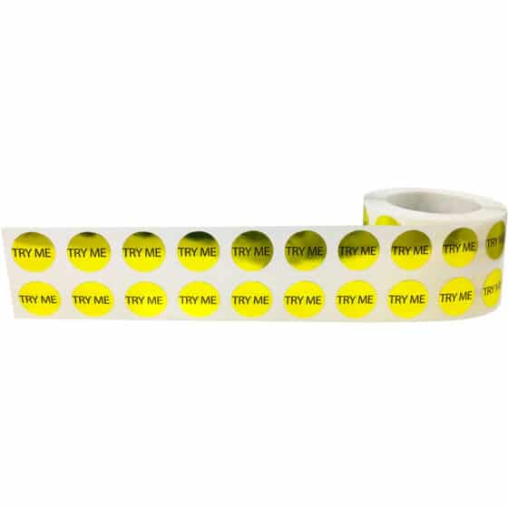 Small Gold Foil Try Me Stickers 1/2" Round | InStockLabels.com