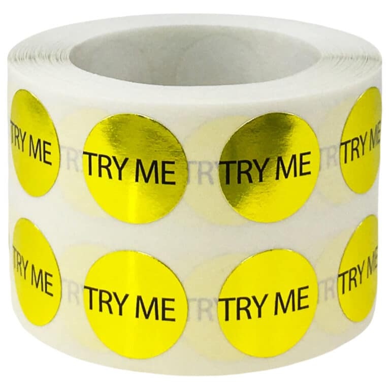 Small Gold Foil Try Me Stickers 1/2" Round | InStockLabels.com