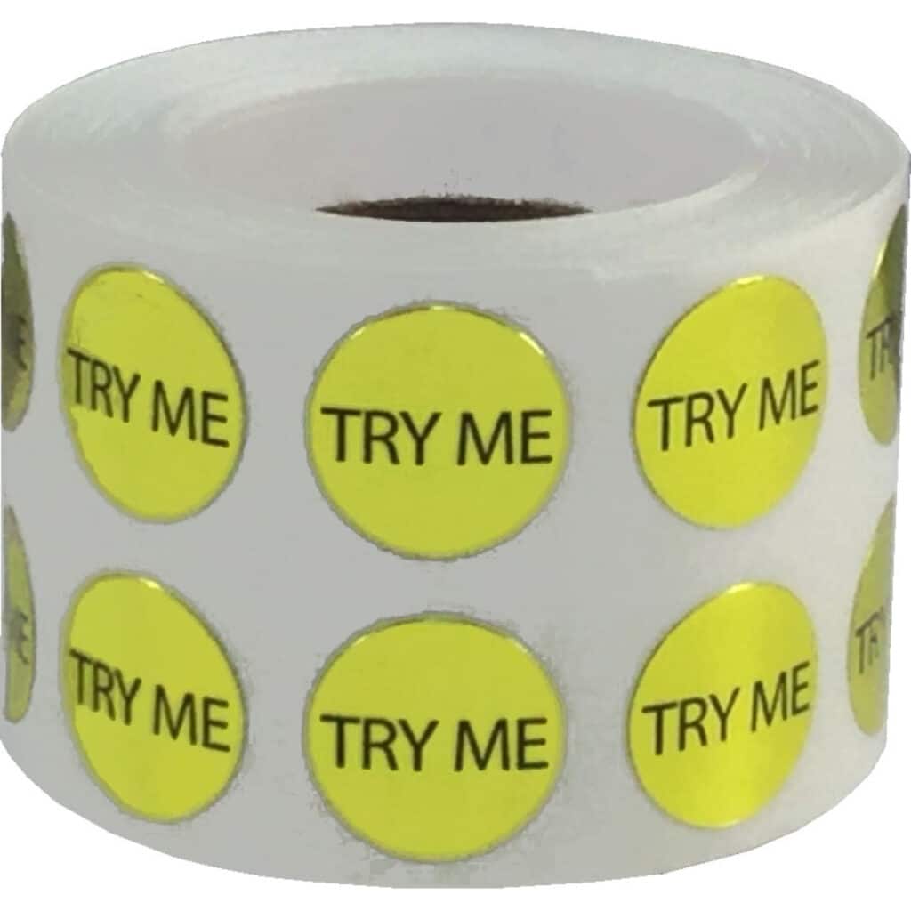 Small Gold Foil Try Me Stickers 1/2" Round | InStockLabels.com