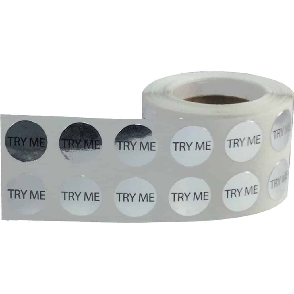 Small Silver Foil Try Me Stickers 1//2" Round | InStockLabels.com
