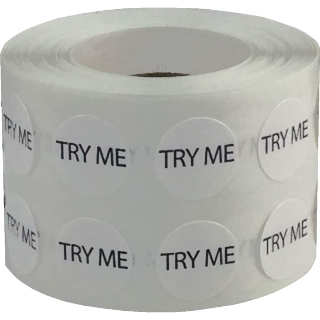 Small Semi-Gloss Try Me Stickers 1/2" Round | InStockLabels.com