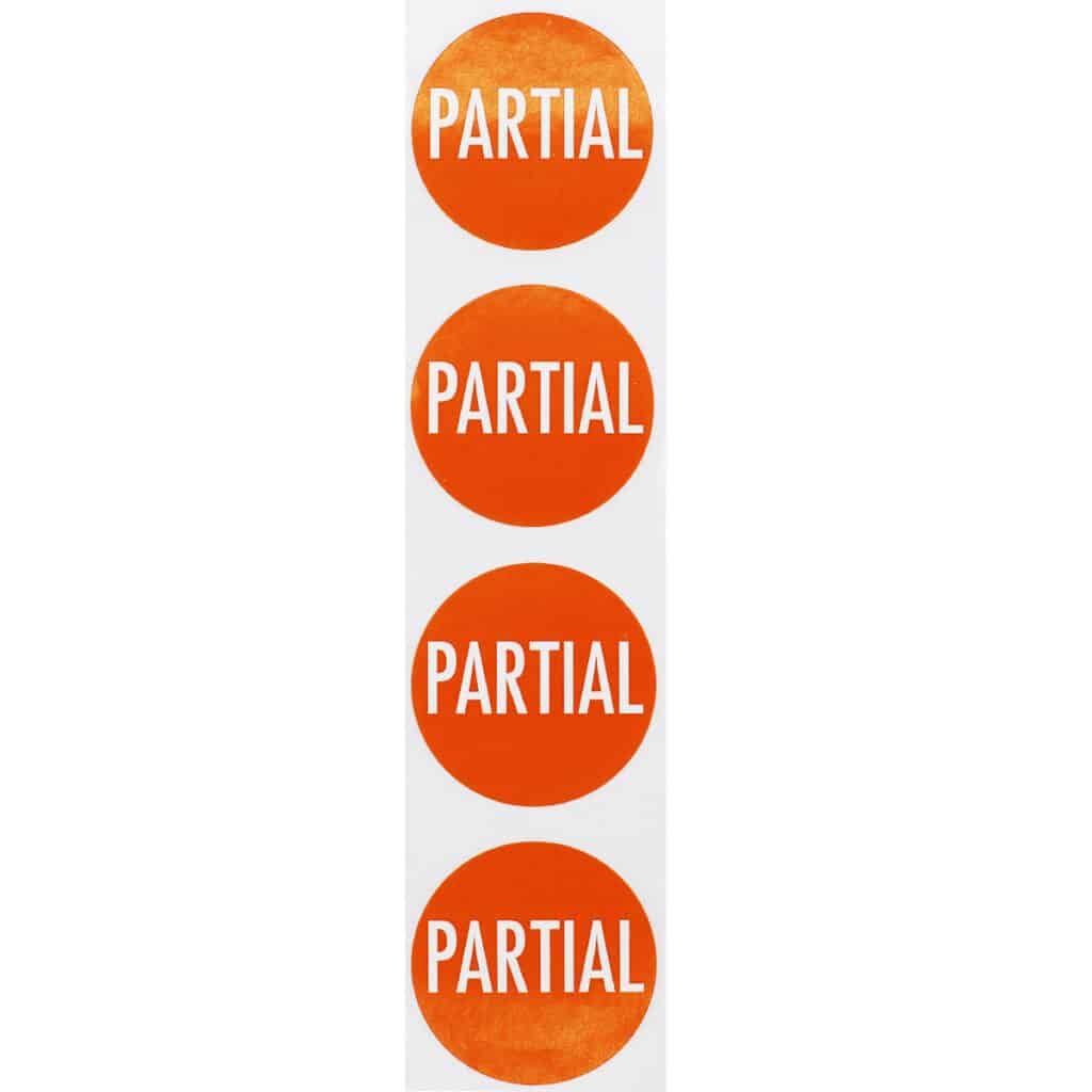 Orange Shipping Labels that Say PARTIAL | 1.5" Round | InStockLabels.com