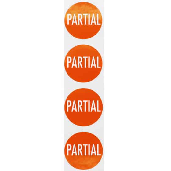 Orange Shipping Labels that Say PARTIAL | 1.5" Round | InStockLabels.com