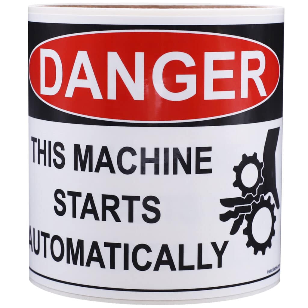 3.5 x 5" Machine Starts Automatically Safety Labels - InStockLabels.com